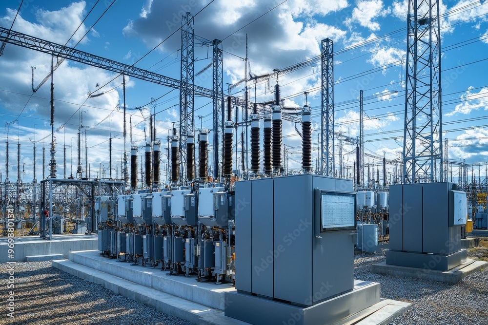 A large high-voltage transformer substation with power lines ...