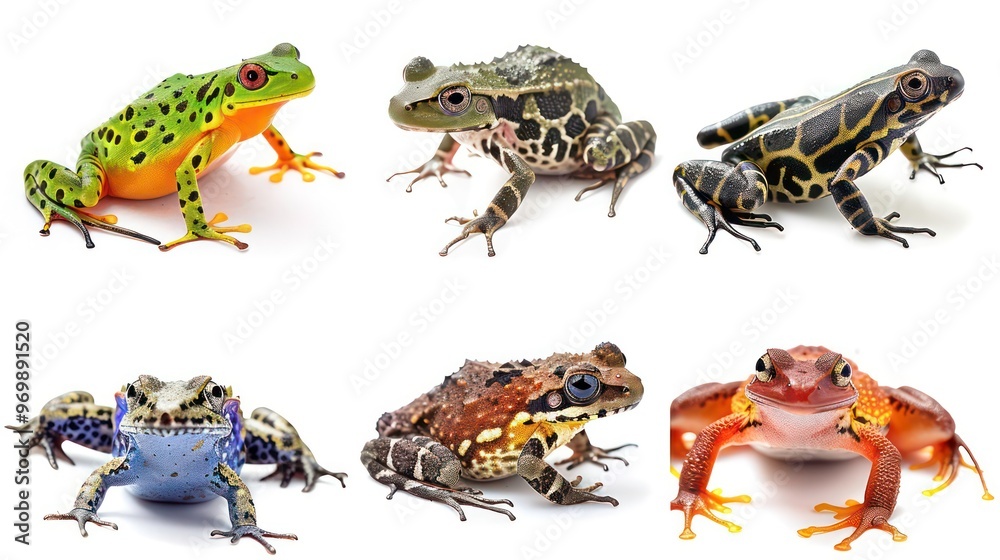 Six different types of frogs isolated on a white background, with some ...