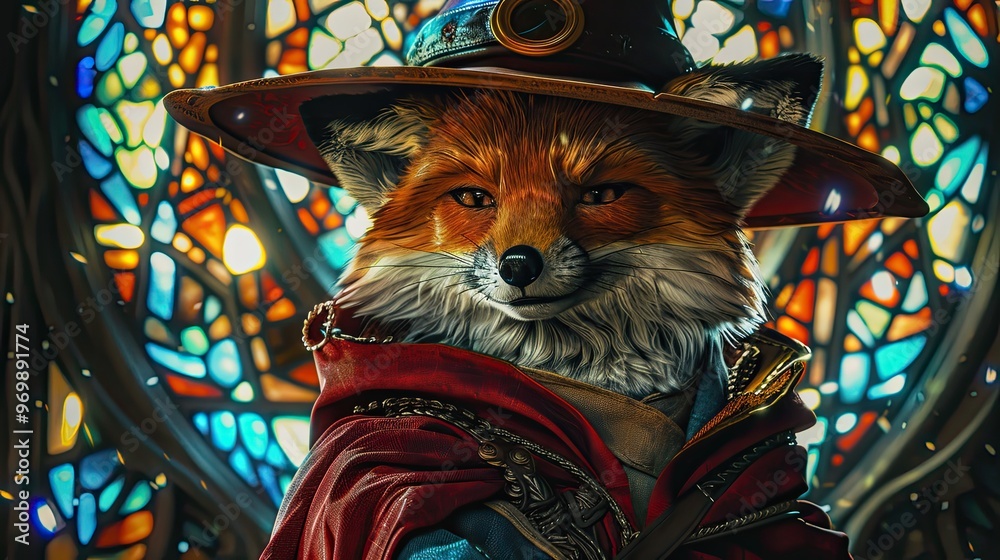 A fox is sitting in a stained glass window with a purple hat on. The ...
