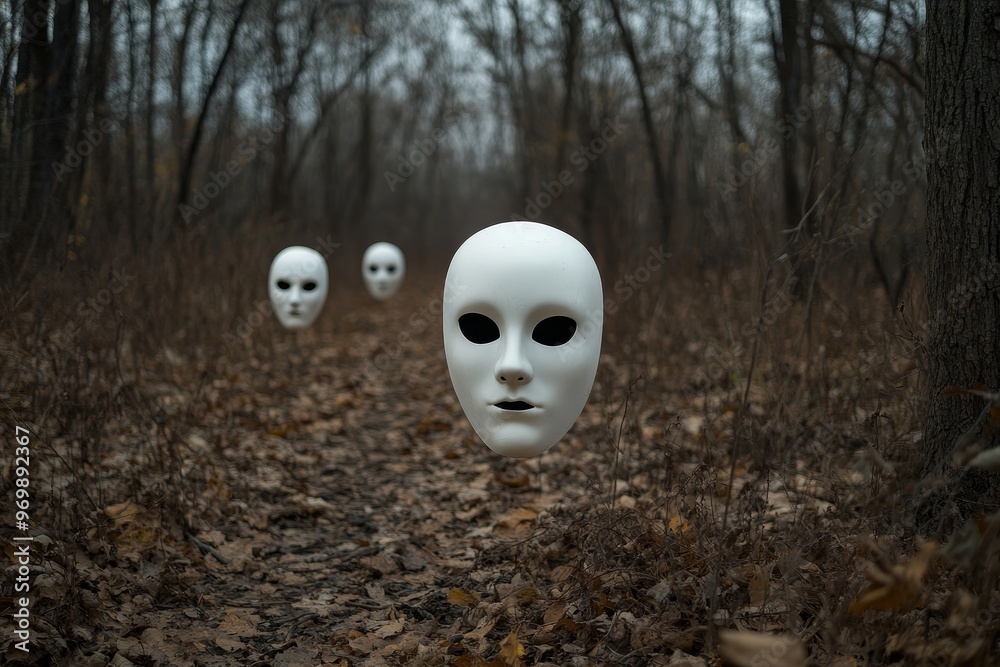Three white masks, symbolic of anonymity, secrets, and hidden ...