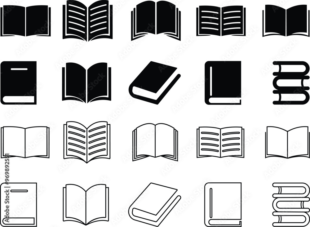 Books open, closed black icon in flat line set. isolated on transparent ...