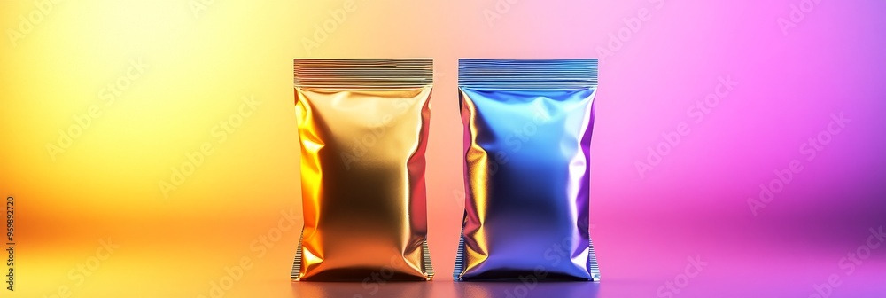 Two metallic chip bags, one gold and one blue, standing on a gradient ...