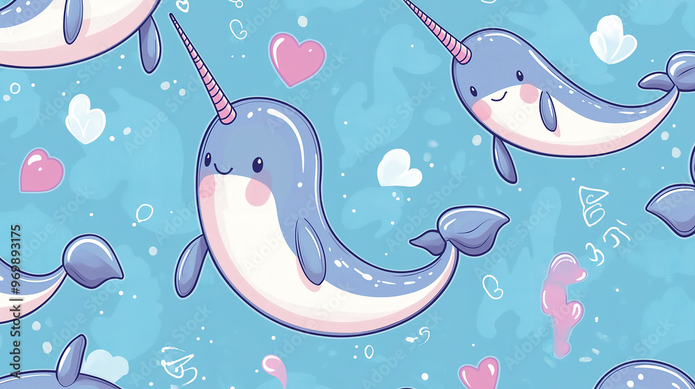 Adorable narwhals featuring cute kawaii character designs in a vibrant ...