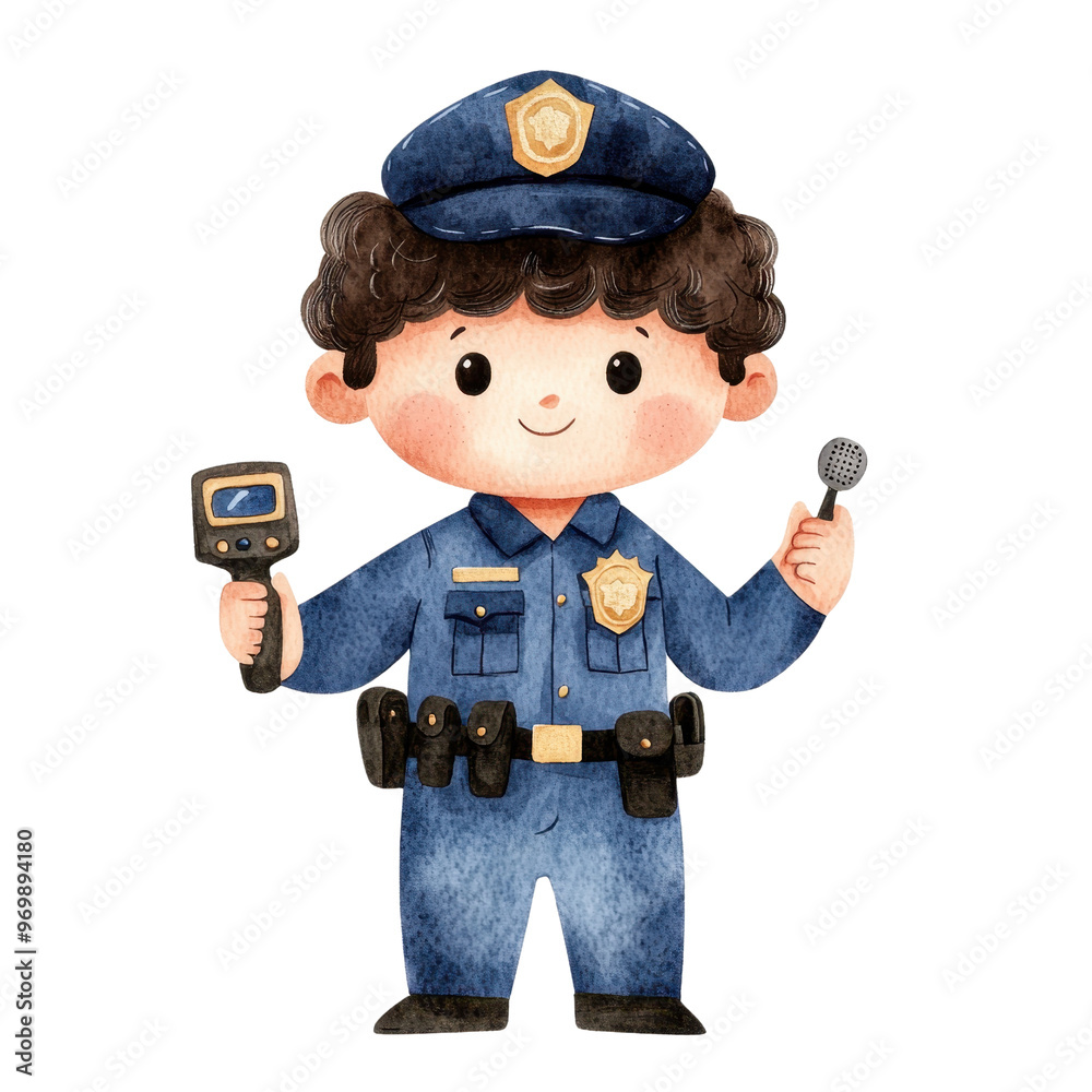 Cute cartoon police officer character holding a radar gun and a ...