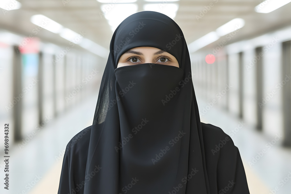 Conservative Muslim Woman in Niqab Traveling Through Metro, Public ...