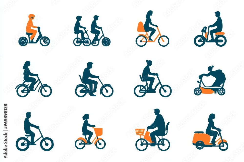 Parents and their kids on the move. Set of pictogram icons representing ...