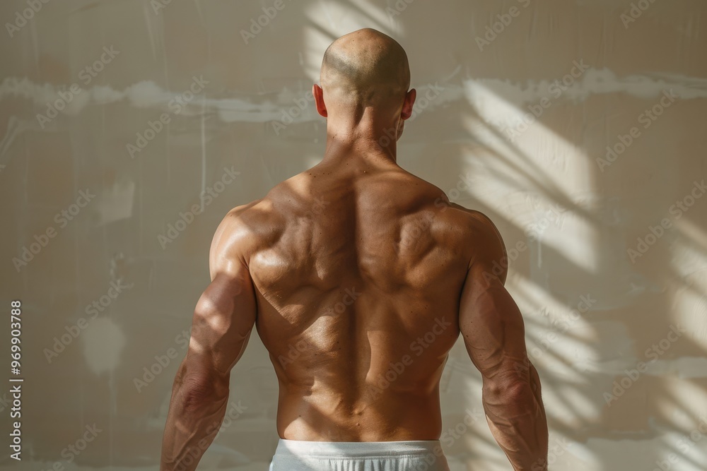 Rear view of a bald, muscular man standing in natural light, showcasing ...