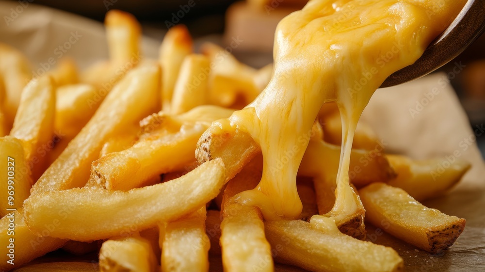 Golden French Fries Drenched in Melted Cheese, Close-up, Food ...