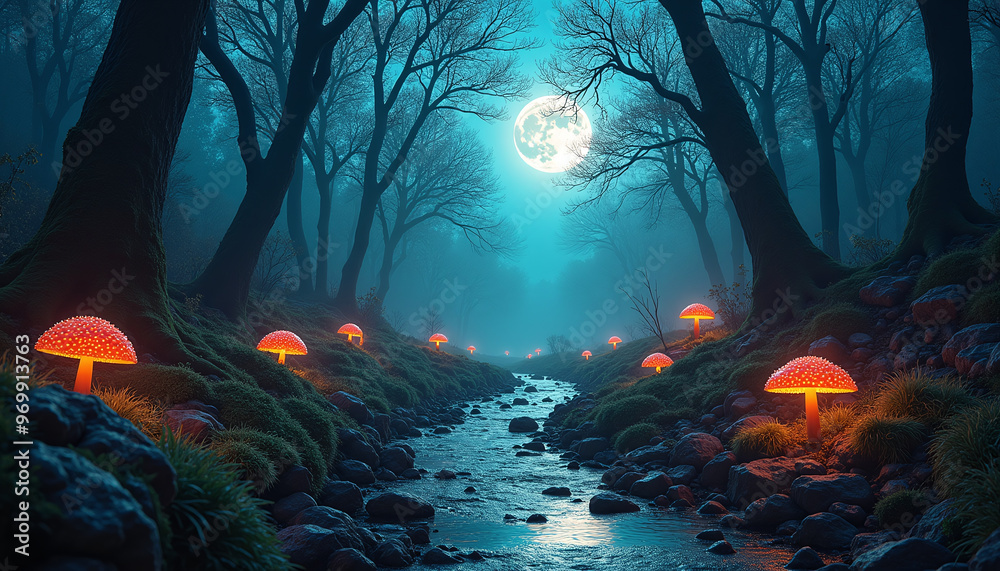 A mystical forest clearing with enchanted creatures, glowing mushrooms ...