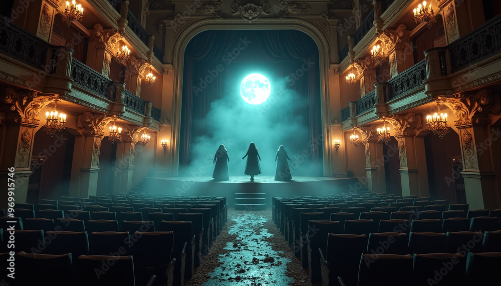 A haunted opera house with broken chandeliers, dust-covered seats, and ...