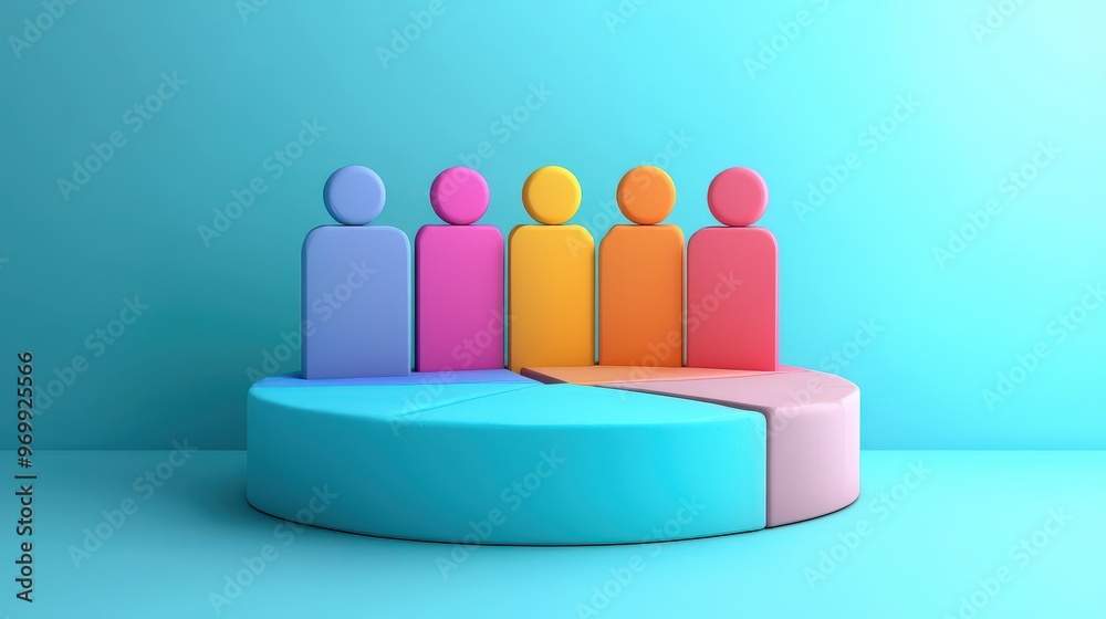 Market segmentation analysis, pie charts and demographic icons, 3D illustration on pastel color ...