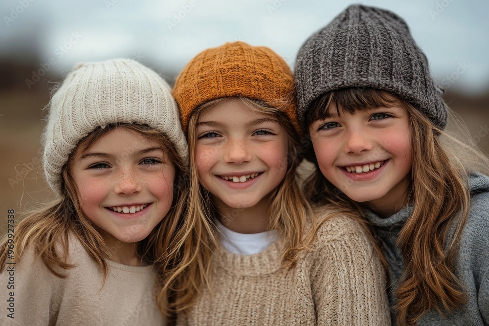 Beautiful Portrait of smiling happy kids outdoors. Four siblings ...