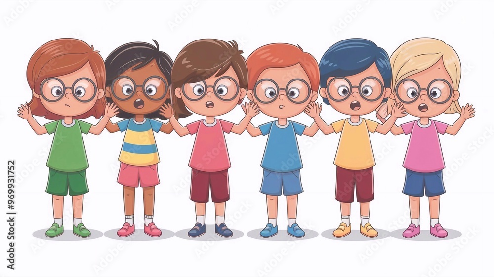 children are shy, in cartoon style, on a white background, the emotion ...
