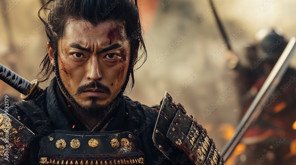 Intense close-up of a Japanese samurai warrior in battle, blood and ...