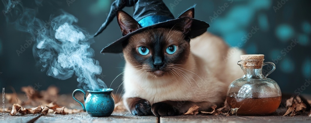 Siamese cat dressed as a witch with a bubbling potion beside her, [witch cat], [spooky feline ...