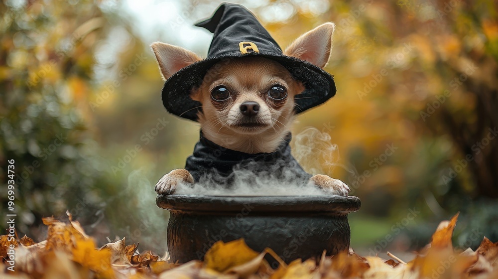 Chihuahua dressed as a witch, standing next to a cauldron filled with ...