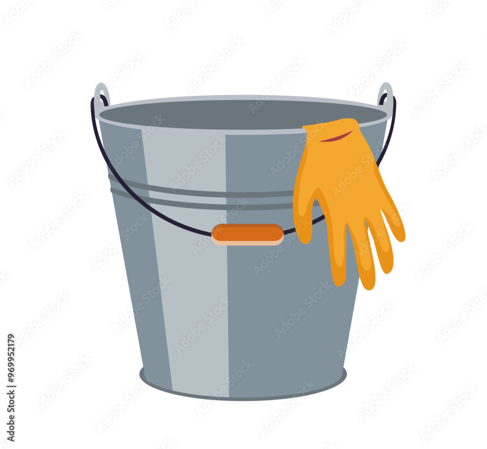 Cleaning bucket icon. Stainless bucket with rubber glove. Cleanliness ...