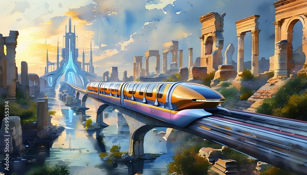 Ethereal fusion of futuristic architecture and ancient ruins, monorails ...