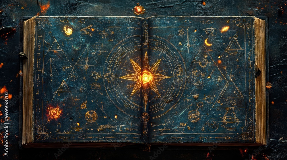 banner featuring ancient spellbook with intricate symbols, sigils, and ...