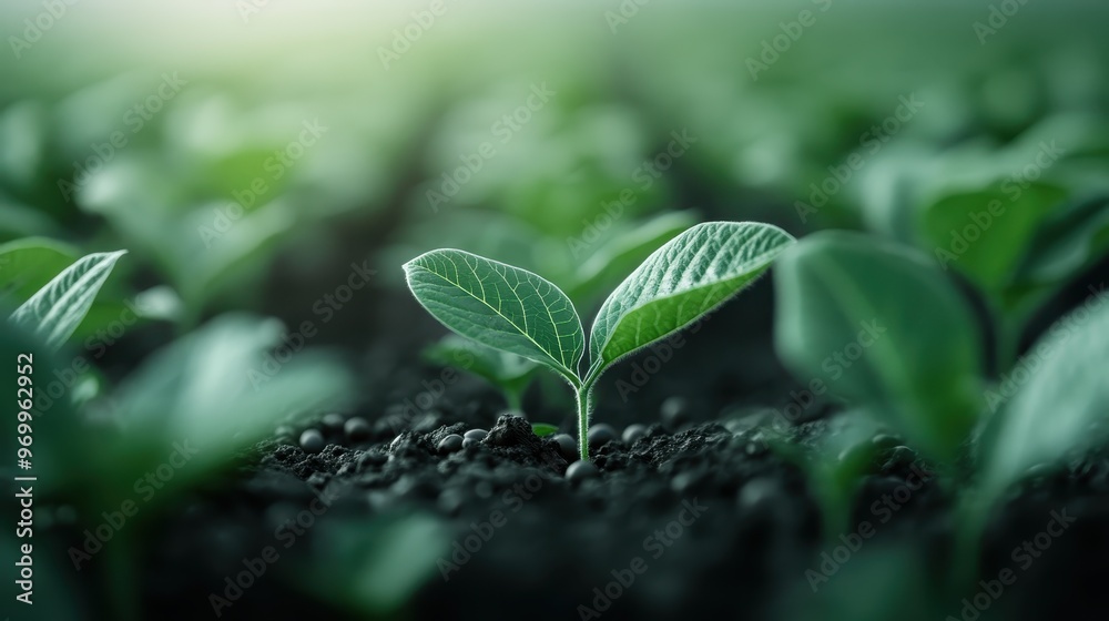 A budding plant leaf emerging from the soil, captured in a fresh and ...