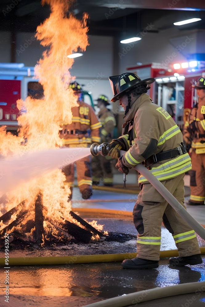 Firefighters in full gear, training in an emergency situation. Water ...