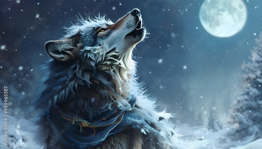 Enchanted frost wolf howling at a glowing moon in a serene winter ...