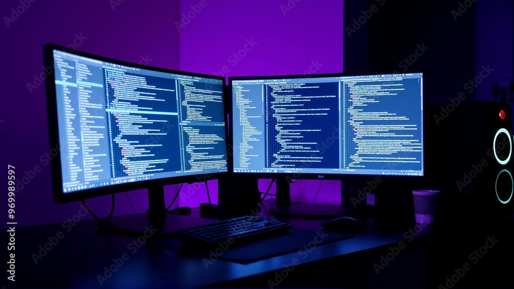 Foto de The image features two large computer monitors side by side ...