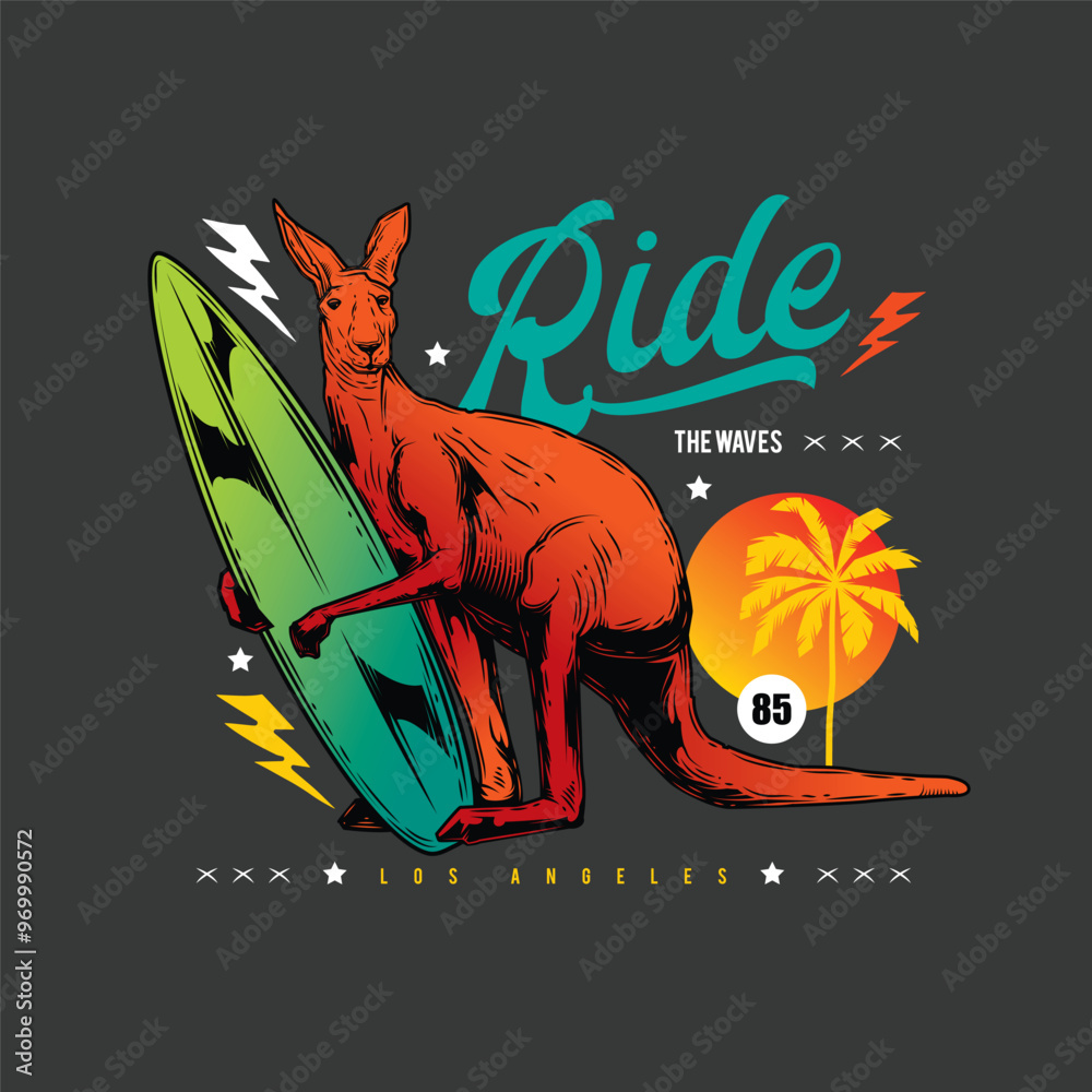 Kangaroo with a surfboard against the background of palm trees and ...