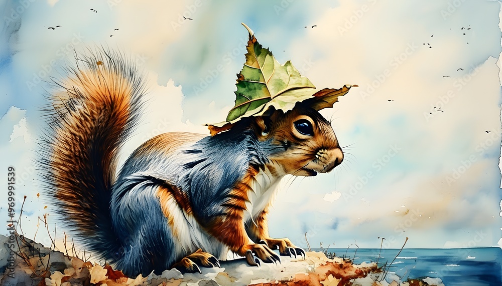 Surreal watercolor scene of a leaf-hatted squirrel in an inverted world ...