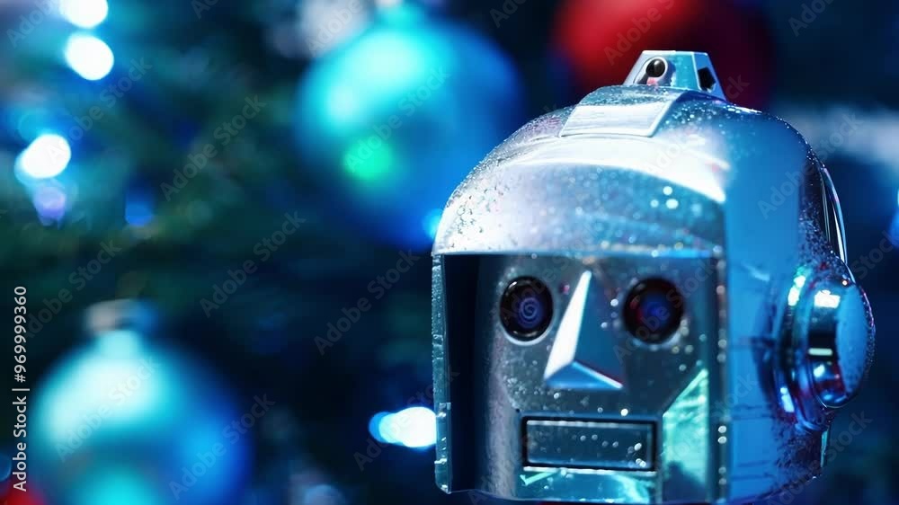 Futuristic robot stands proudly by a decorated christmas tree, blending ...