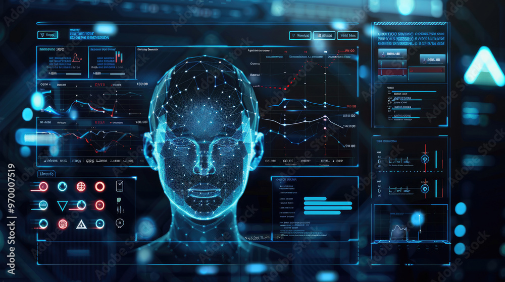 Facial recognition technology, woman face with lines of AI biometric system on computer screen ...