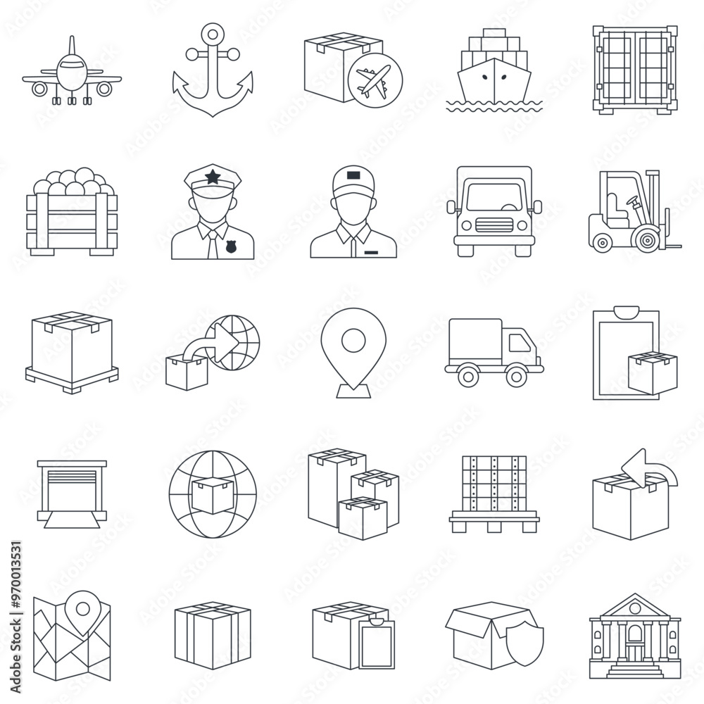 Logistics and Shipping icons set, Included icons as Airplane, Package ...