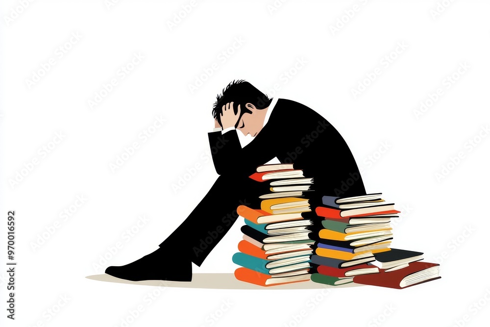 Single line drawing of an Arabian businessman sitting amidst piles of ...