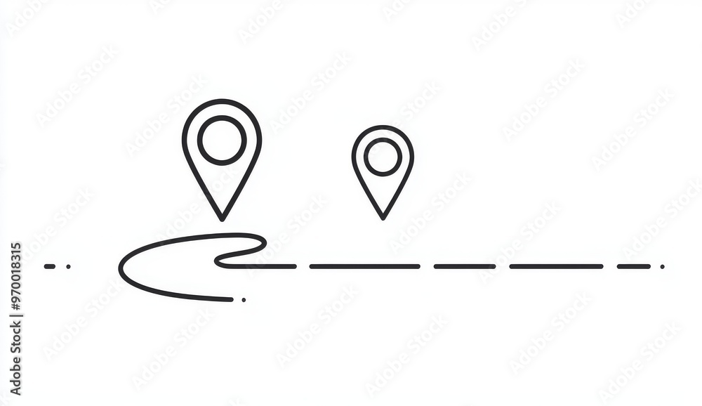 One-line drawing of path and location pointers. Simple pin between two points drawn in thin ...