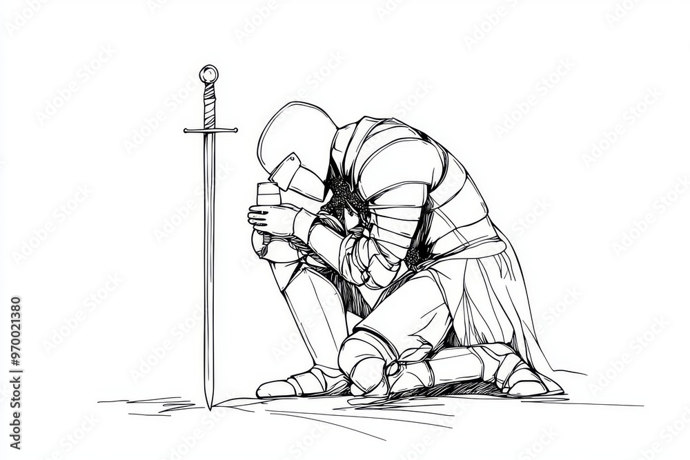 Modern continuous line draw illustration of a medieval warrior kneeling ...