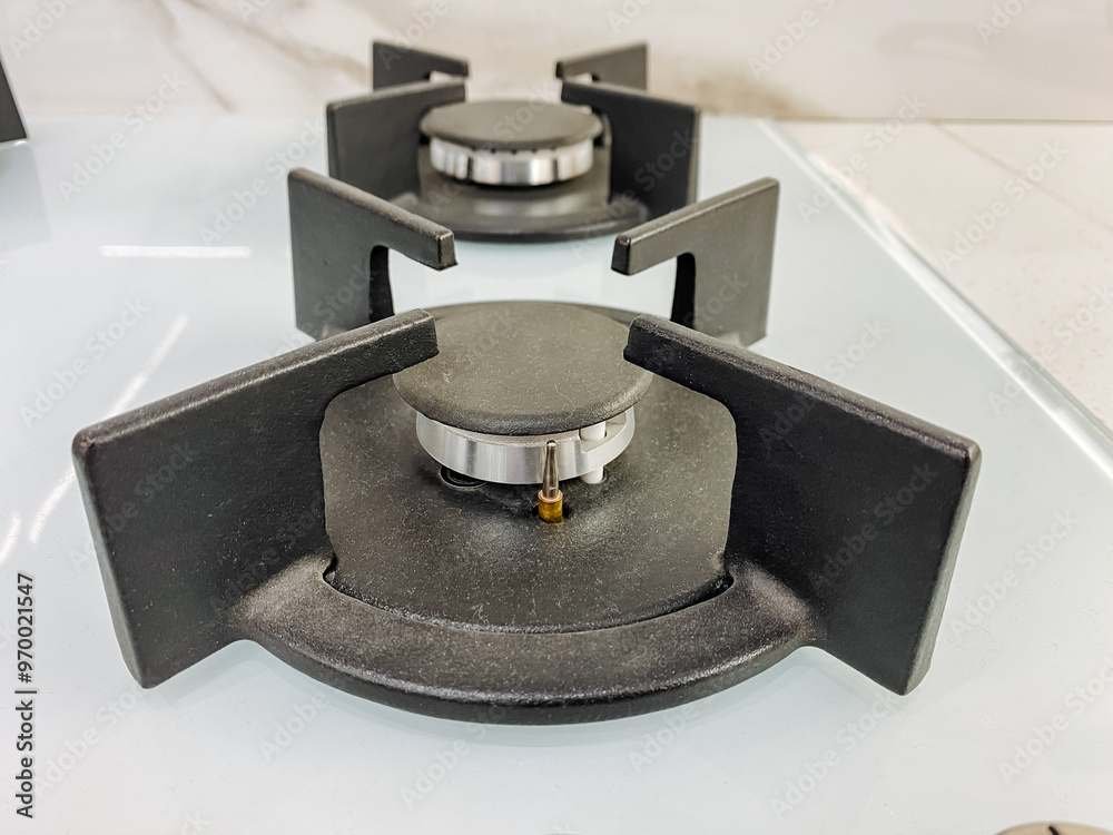 This image features a detailed closeup of a gas stove that has two ...