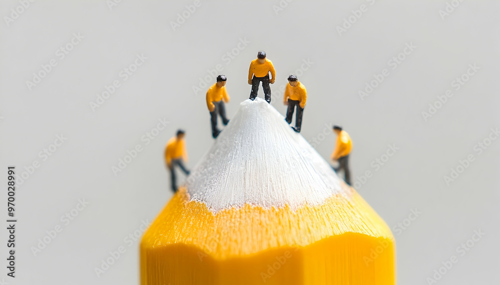 Miniature figures scaling sharp white tip of yellow pencil. Creative ...