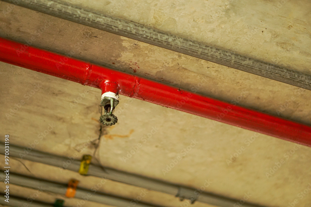 Automatic fire sprinkler system on the ceiling, red water pipe system ...