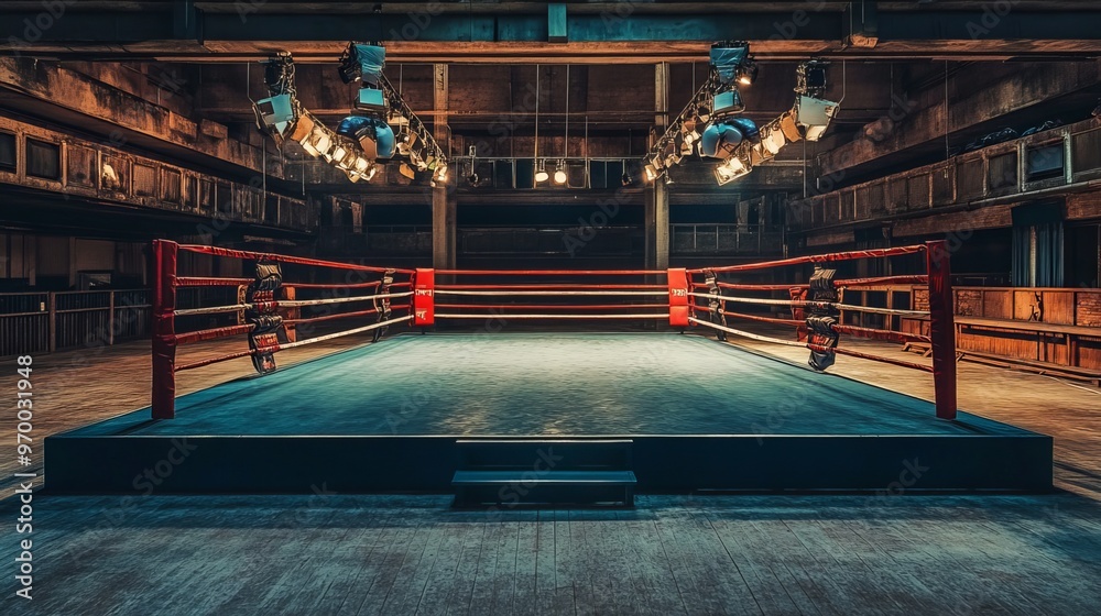 Vacant ringside seat in the heart of a grand stadium's boxing arena ...