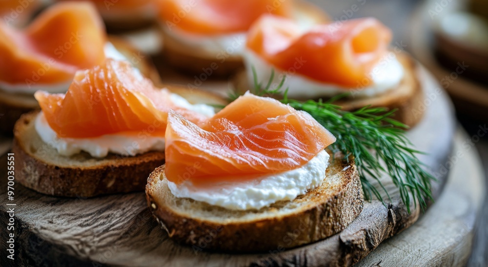 Delicious canapes with smoked salmon and cream cheese on rustic wooden ...