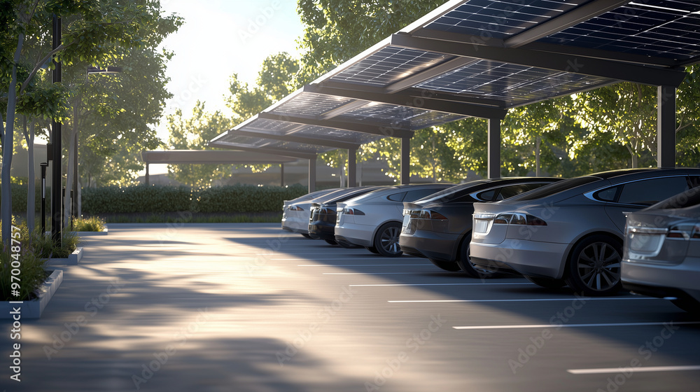 advanced parking lot where each space is shaded by modern solar panels ...