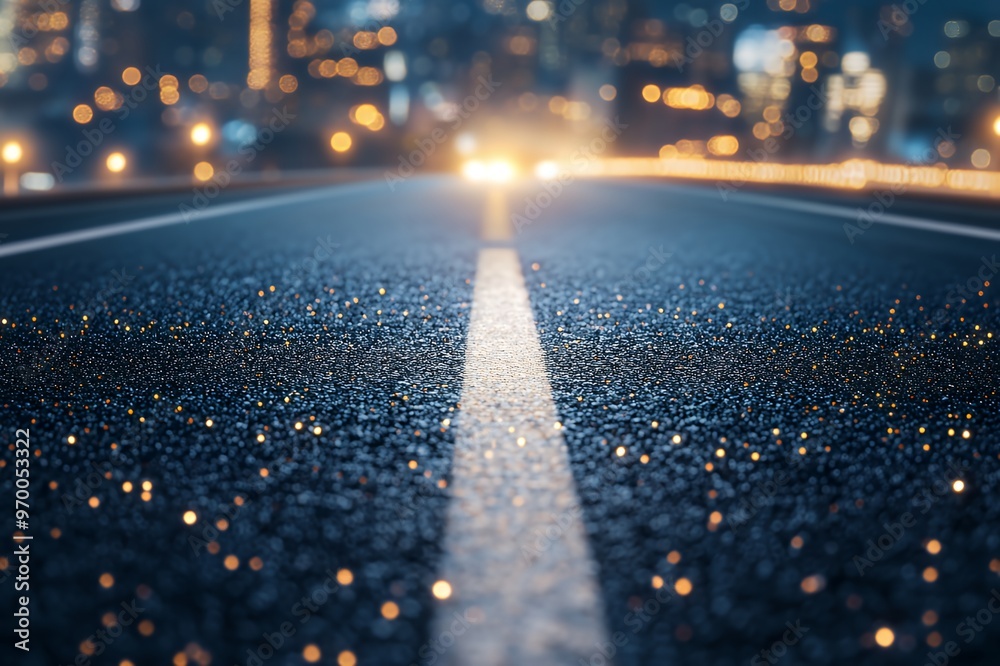 Closeup of asphalt road with white lane dividing line and blurred city ...