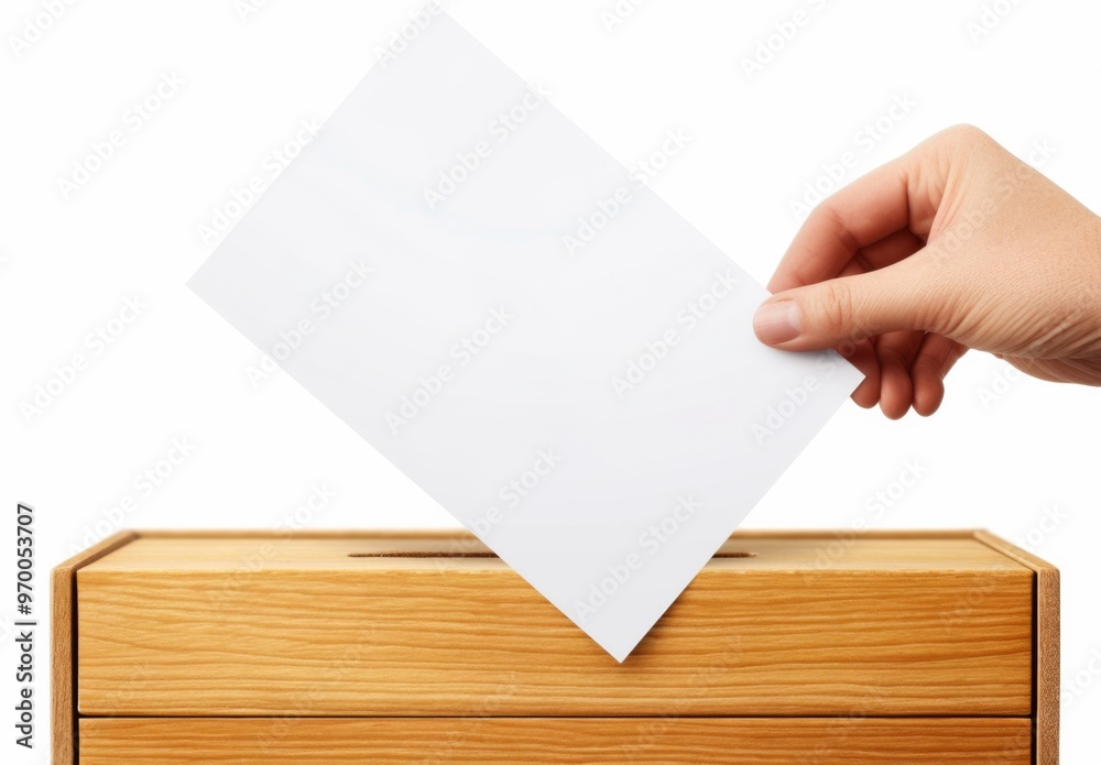 Hand Casting an Empty White Ballot into a Ballot Box on a white ...