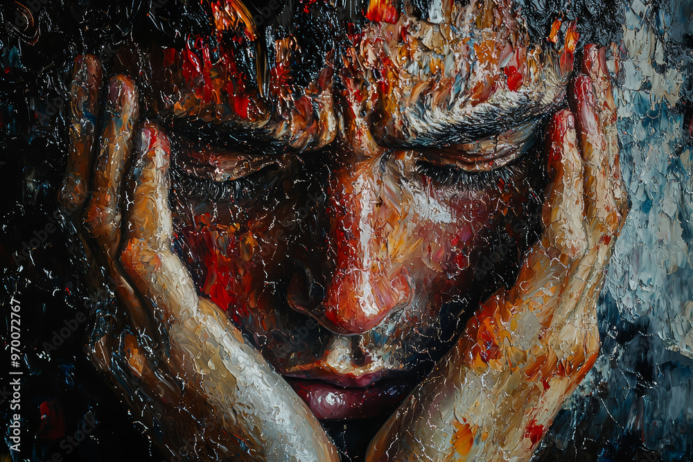 A painting of a figure with only parts of their body visible, the rest ...