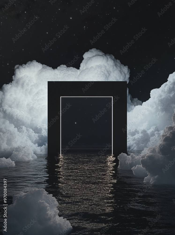 Surreal nightscape with glowing square portal over water, framed by ...