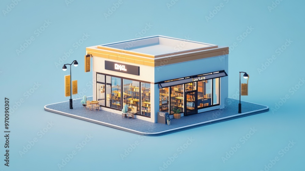 3D Miniature Model of a Small Store with Streetlights and a Sidewalk ...