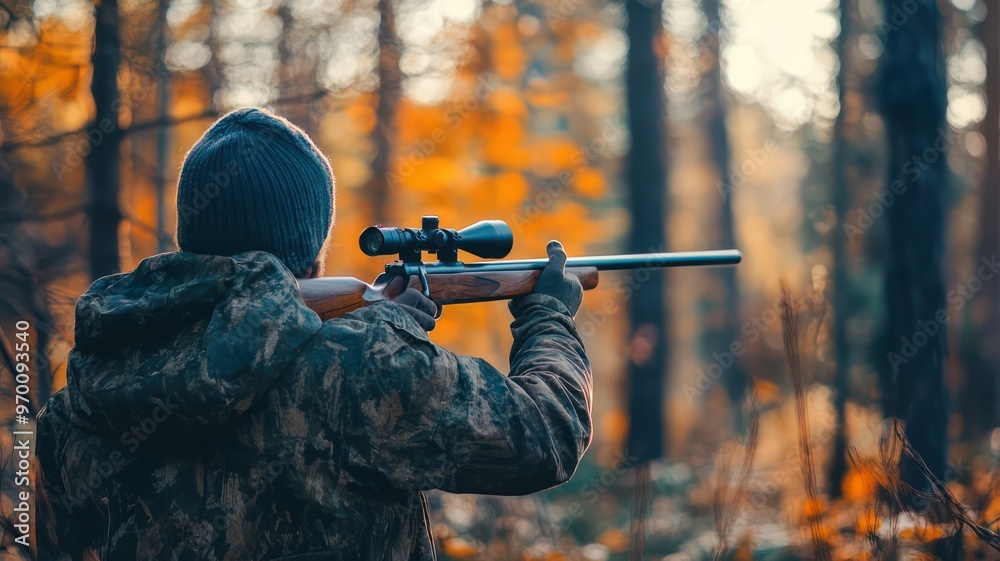 Man hunting deer in the forest with a rifle created with Generative AI ...