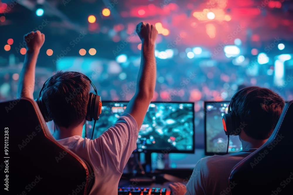 Two pro esports teams competing in a championship arena at a Cyber ...