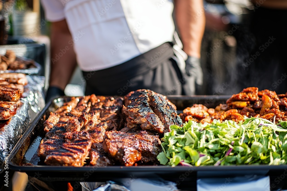 A detailed image showcasing various grilled meats and fresh greens on a ...
