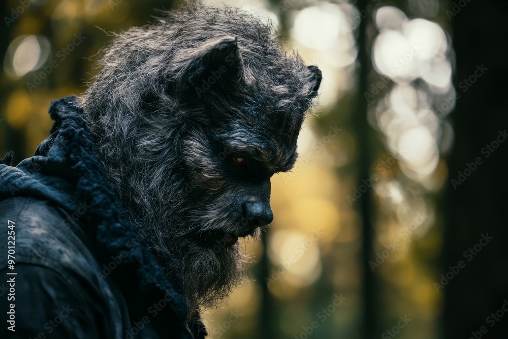 A side profile of a werewolf standing in an autumn forest, appearing ...